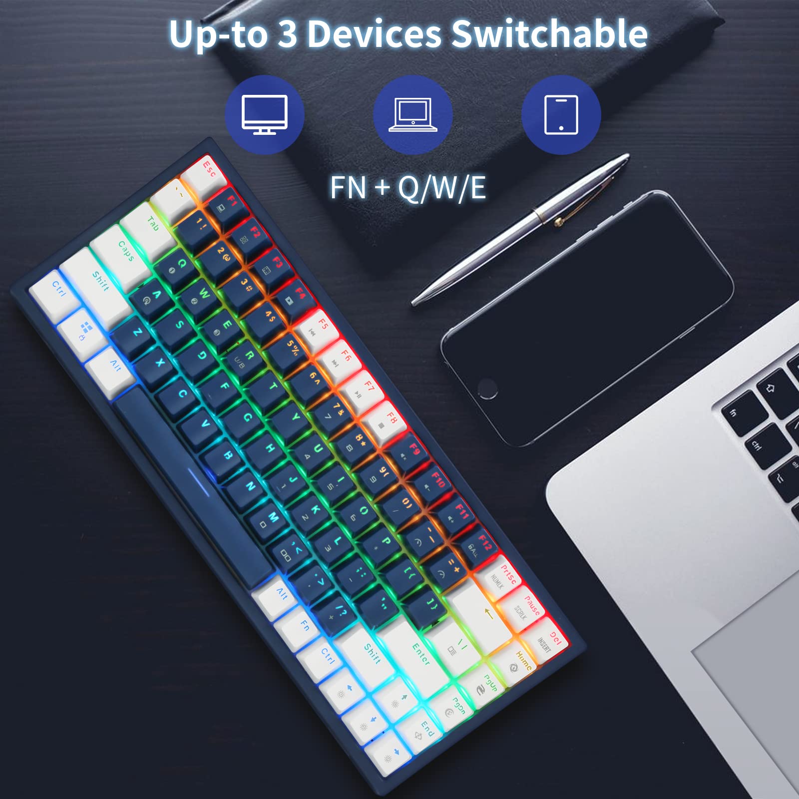 Chuangquan CQ84 Wireless Mechanical Gaming Keyboard, Compact 84 Keys, Programmable RGB Backlight, 60% Keyboard, Blue and White Keycaps for Ipad, Android/Windows Tablet, Desktop, PC Gamer(red Switch)