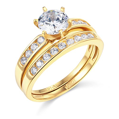 14k Yellow Gold Solid Wedding Engagement Ring and Wedding Band 2 Piece Set - Size 8