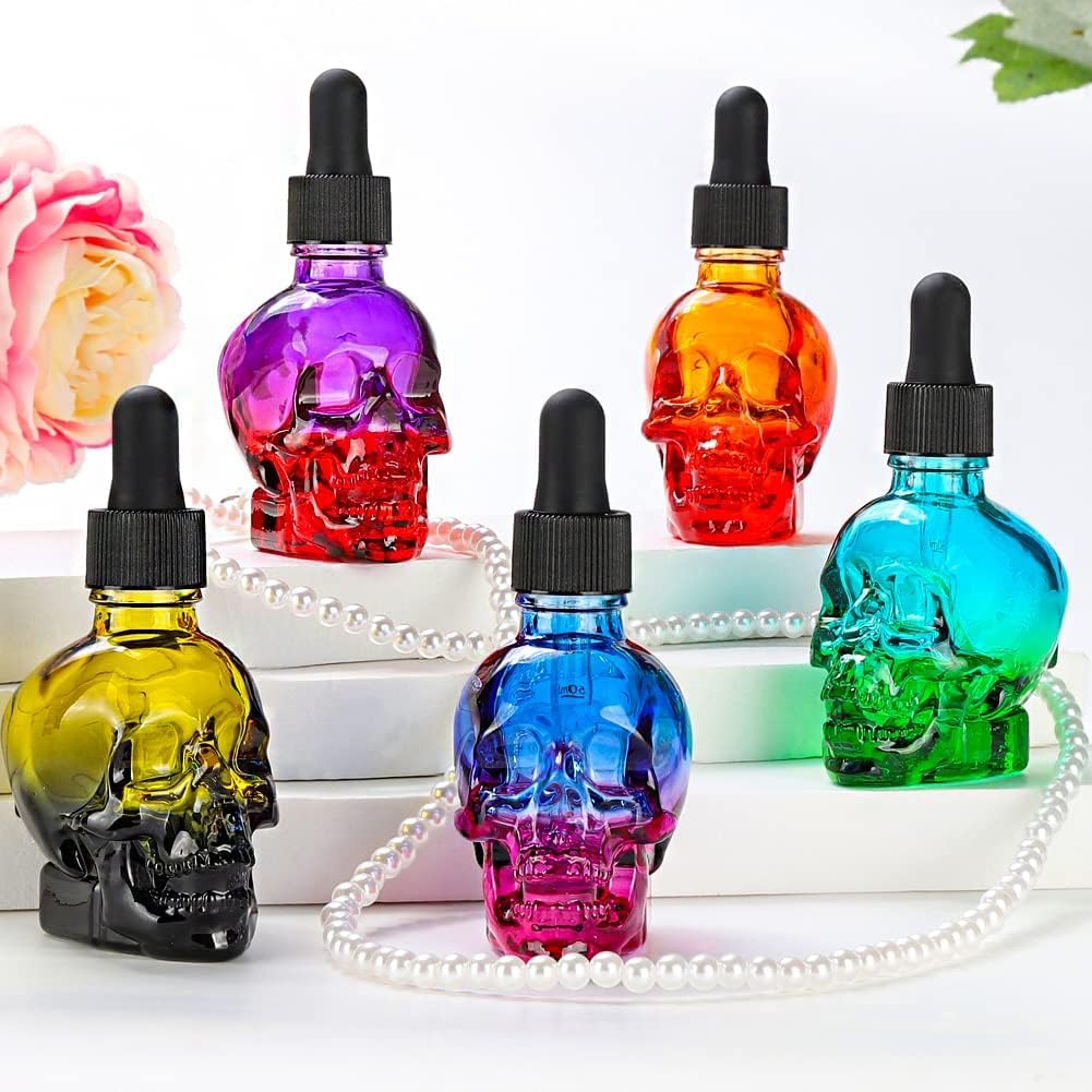 5PCS 1oz Skull Glass Dropper Bottles Refillable Bottles liquid bottling Dispensing bottle with Eye Dropper Pipettes for Essential Oils/Beauty Oil Mix, Aromatherapy Blends(5, 30ml)