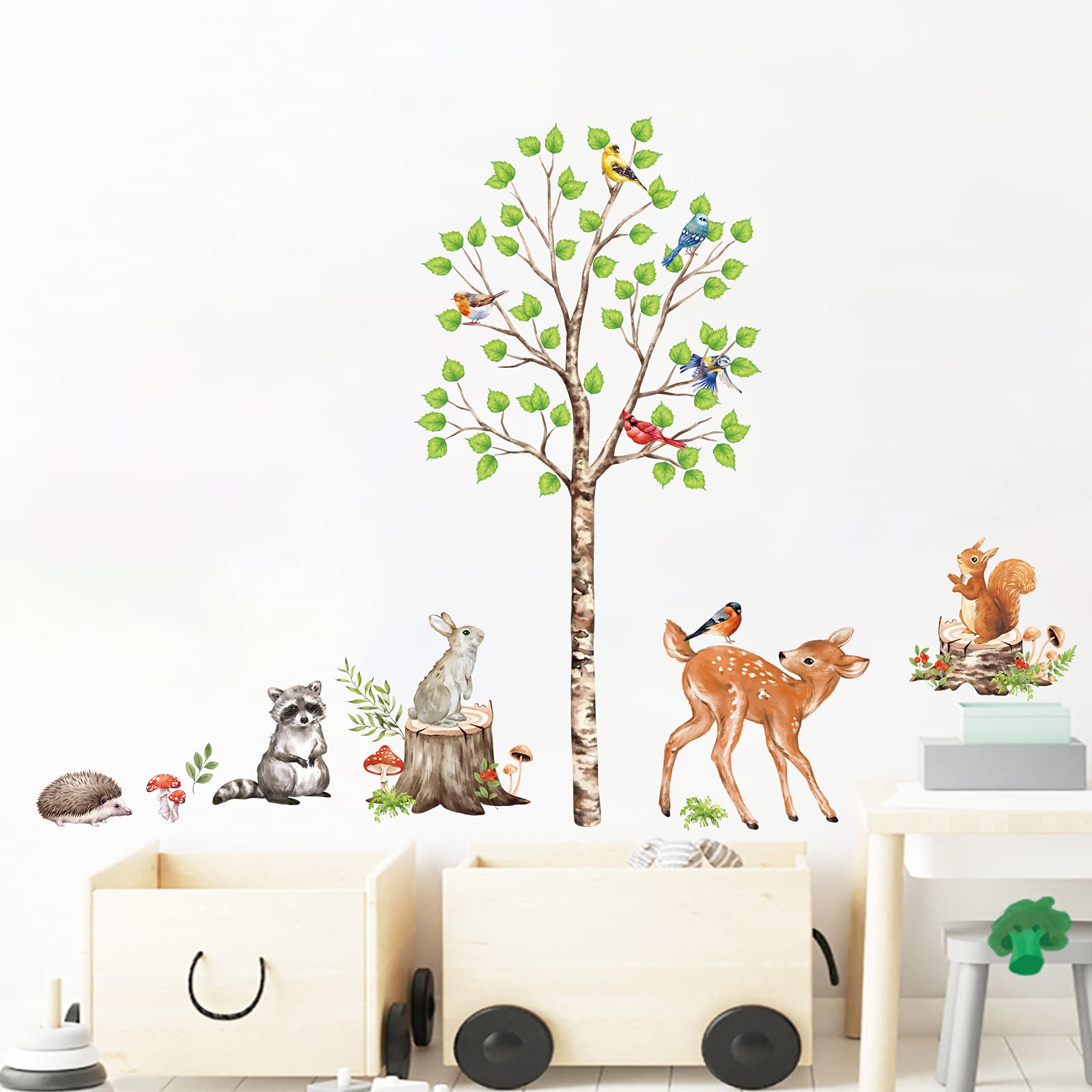 decalmile Woodland Animal Wall Decals Birch Tree Squirrel Deer Wall Stickers Baby Nursery Kids Bedroom Wall Decor(Tree Height: 34Inches)
