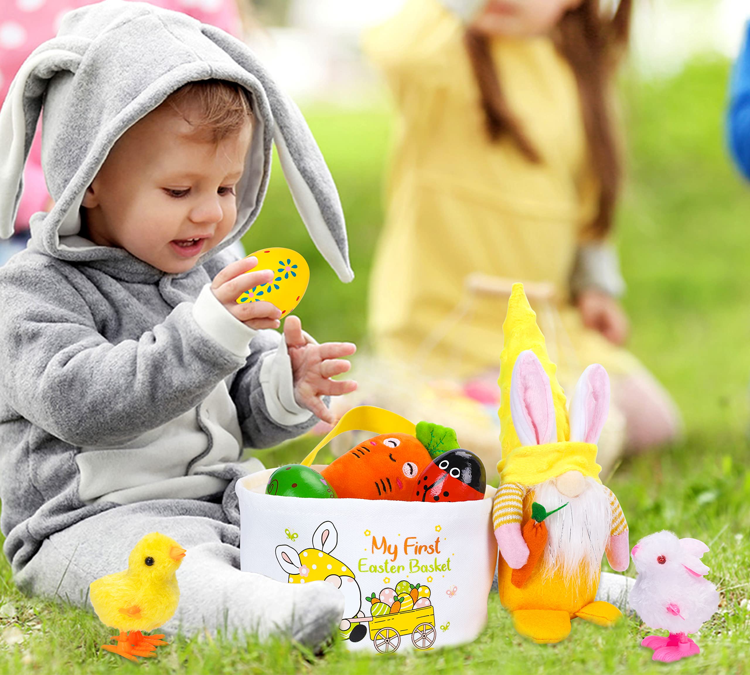 80UncleKimby 8PCS My First Easter Basket Stuffers Gifts Baby Kids - includes Eggs, Wind-Up Bunny & Chick, Stuffed Plush Carrot, Gnome for Toddlers Girls Boys Party Favors