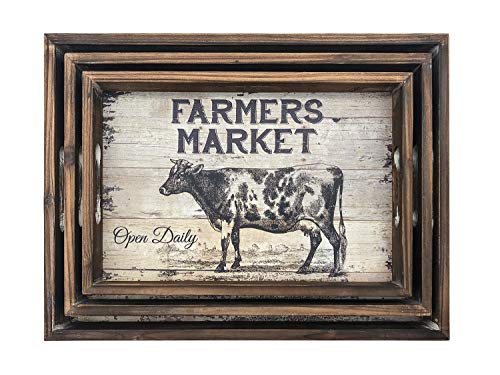 DeliDecor Large Decorative Serving Trays with Handle, Set of 3 Nesting Rustic Wooden Organizer Distressed Farmers Market Farmhouse Decor with Cow Pattern, Coffee Food Platters, Open Daily 17"x12.5"