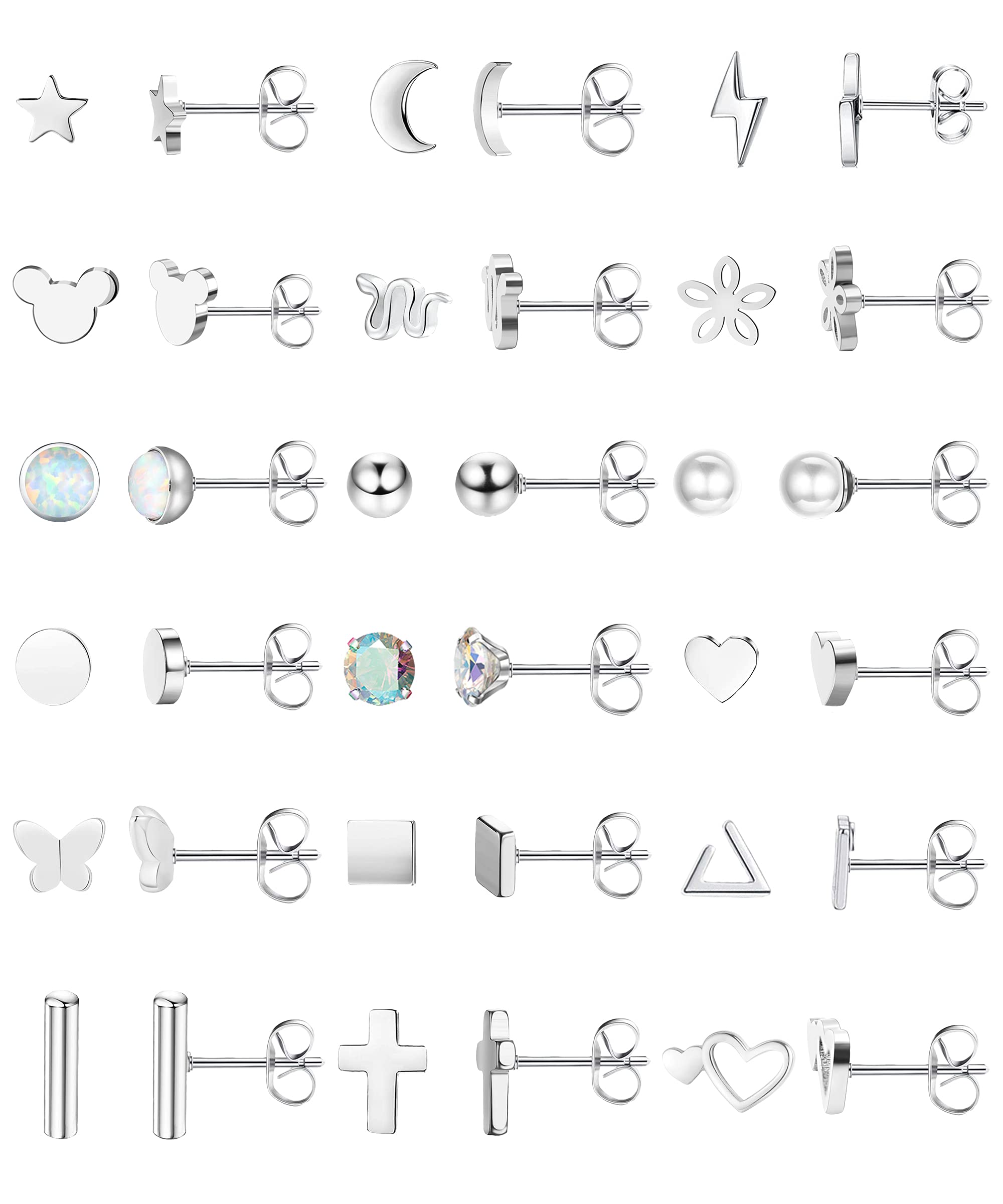 18 Pairs Stainless Steel Star Moon Stud Earrings for Women Cute Bar CZ Stud Earring Set (silver-tone)