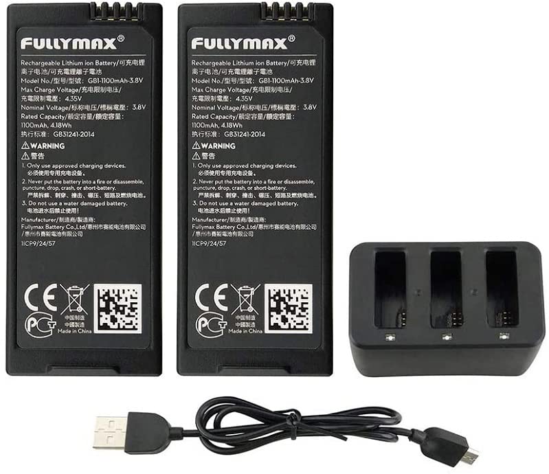 2PCS 3.8V 1100mAh Lithium Battery with 3-in-1 Charger for DJI Tello Remote Control Drone