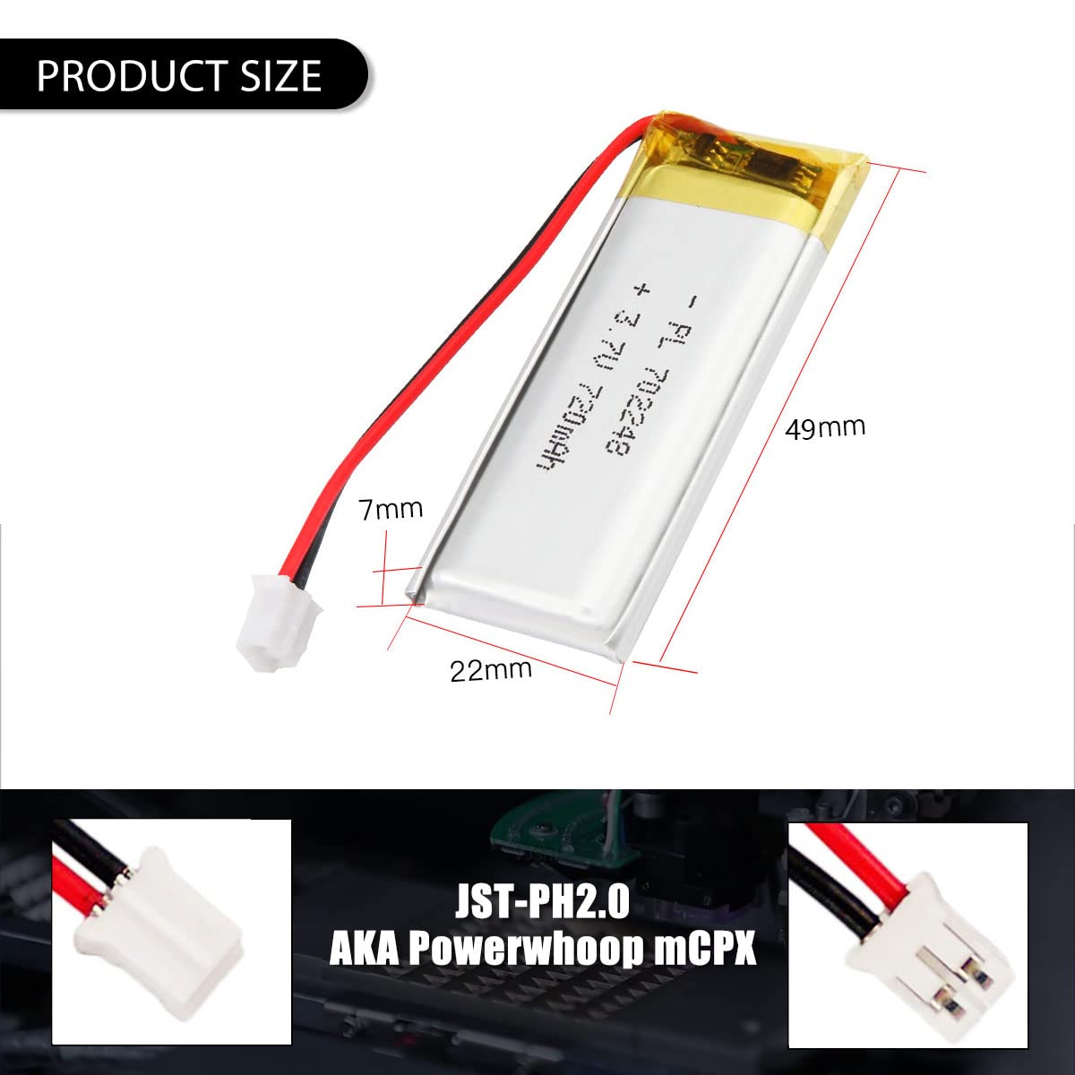 AKZYTUE 3.7V 720mAh 702248 Lipo battery Rechargeable Lithium Polymer ion Battery Pack with PH2.0mm JST Connector