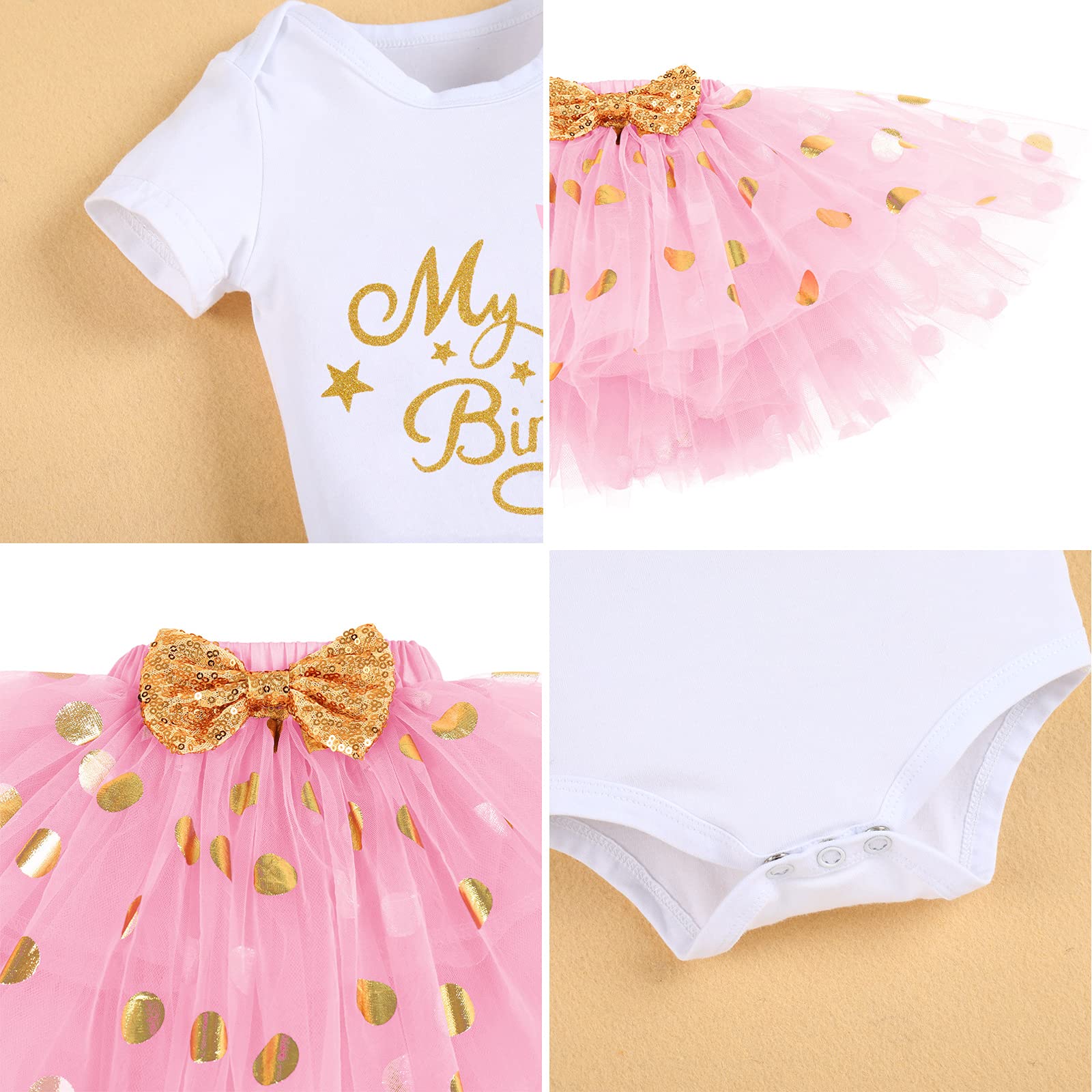 Mini Polka Dots It's My 1/2 /1st /2nd/3rd Birthday 4 Piece Outfits for Cake Smash Romper Bodysuit Tutu Skirt Set Headband Socks Formal Baptism Christening Dance Evening Ball Gown Pink-1st 1T