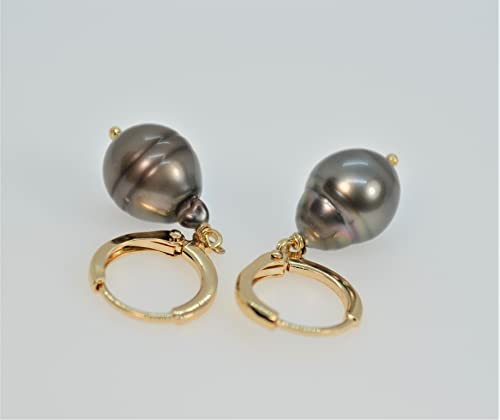 14K Gold Filled Genuine Tahitian Black Pearl Hoop Earrings for Women