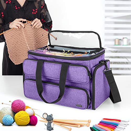YARWO Knitting Bag, Yarn Storage Organizer Tote for Knitting Needles(Up to 14β), Crochet Hooks, Circular Needles, Projects and Skeins of Yarn, Purple (Bag Only)