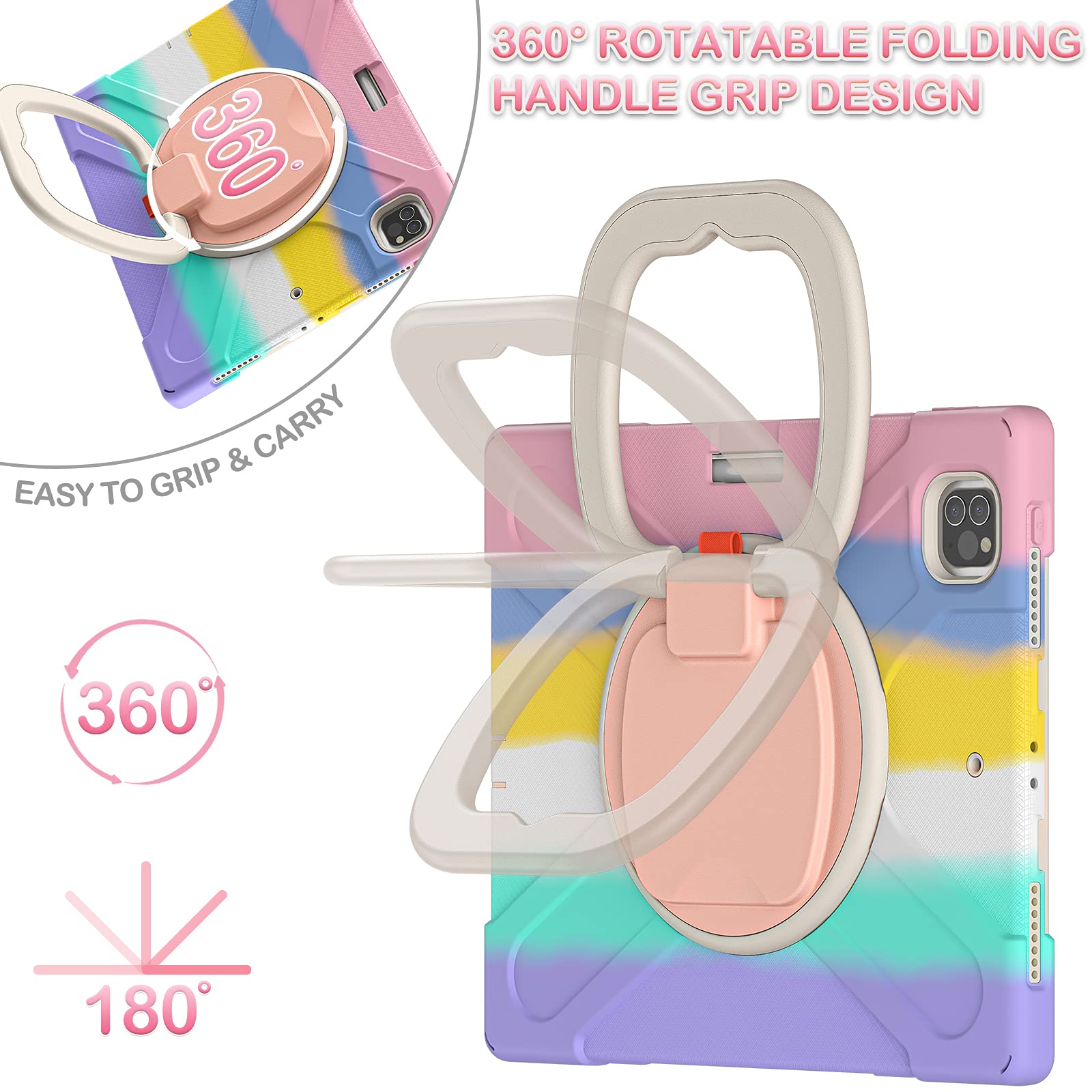 BATYUE iPad Pro 12.9 2021 Case,[Rugged] [Heavy Duty] iPad Pro 12.9 5th Generation Case with 360° Swivel Stand/Handle Grip/Shoulder Strap/Wireless Apple Pencil Charging Pencil Holder - Colourful Pink