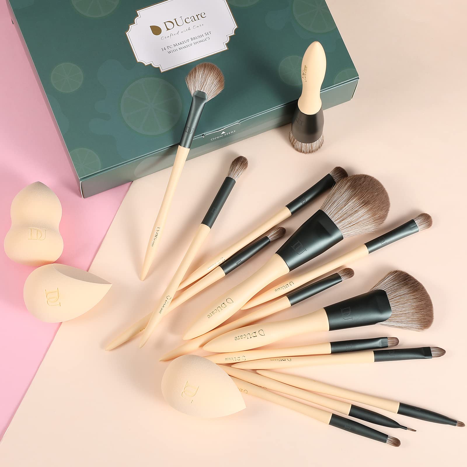 DUcare Makeup Brushes 14Pcs with 3Pcs Makeup Spong & Cosmetic Bag - Lime Mojito Series Christmas Gifts Professional Kabuki Foundation Blending Brush Face Powder Blush Concealers Eye Shadows