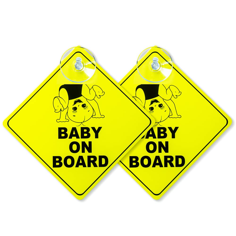 2Pcs Baby on Board Sticker Sign for Cars Bright Yellow Baby On Board Warning Signs with Suction Cups for Car Window Waterproof Sunproof Durable and Strong Safety Warning Car Sticker Signs 5"x5"