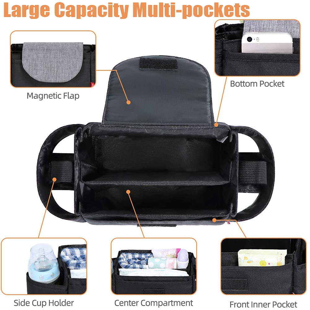 KJHG Stroller Organizer Bag,Multifunctional Stroller Bags with Insulated Cup Holder Baby Stroller Accessories Storage Bag for Bottle,Diaper,Phone,Keys,Toys,Baby Items (Black)
