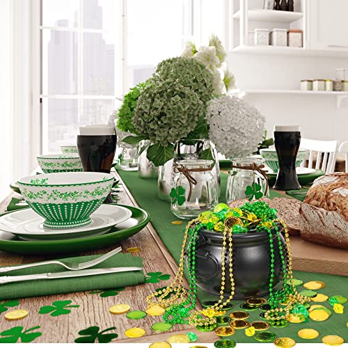 307 Pcs St Patrick's Day Black Candy Cauldron Kettle with Handle Set Shamrock Leprechaun Coin Gold and Green Gem Clover Necklace Lucky Plastic Jewelry Treasure Pot for Saint Patty's Day Party Decor