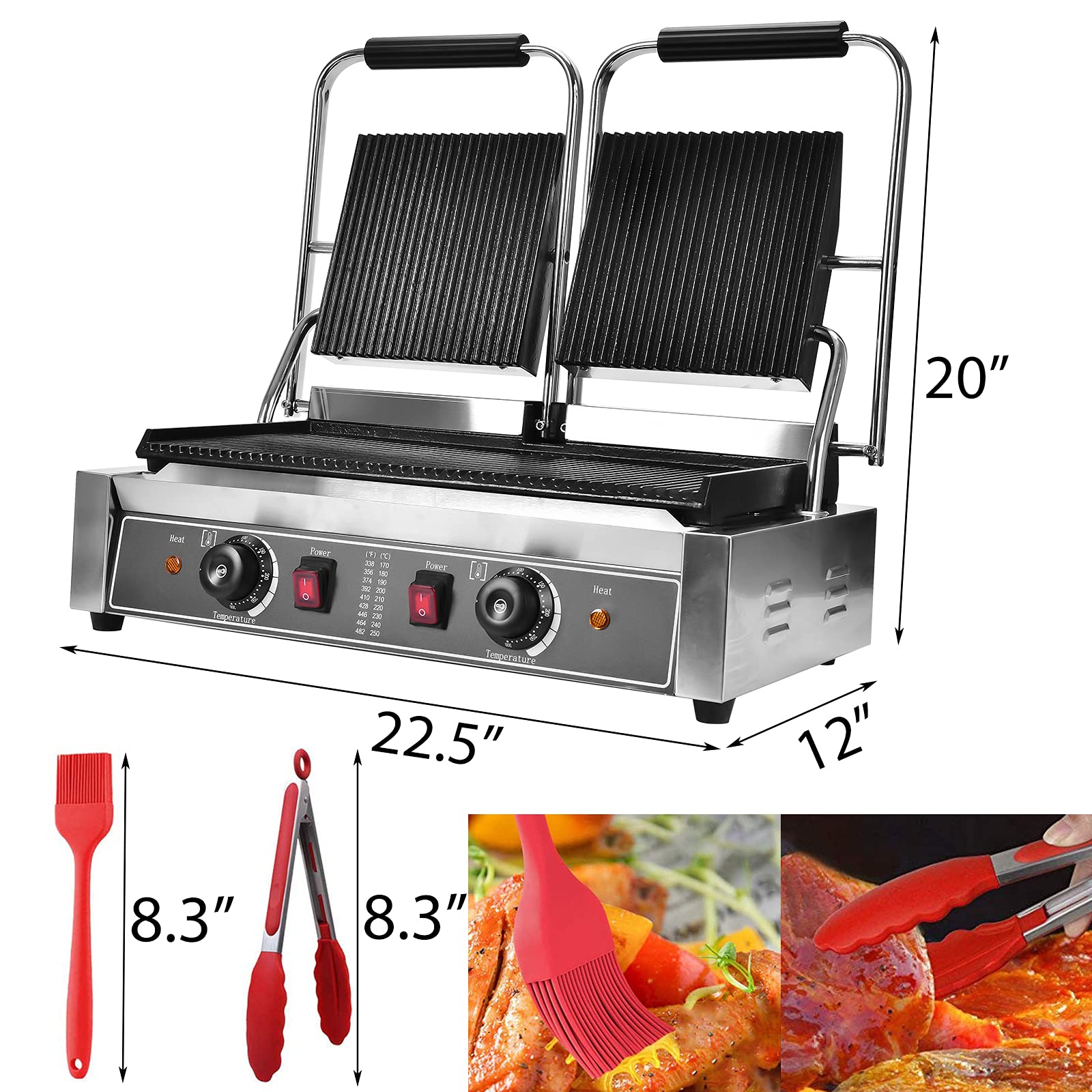 Bavnnro 110V Commercial Sandwich Machine,Commercial Sandwich Panini Press,Power 2x1800W,Temperature Control 122°F-572°F,Commercial Kitchen Equipment(Souble Grooved Plates)