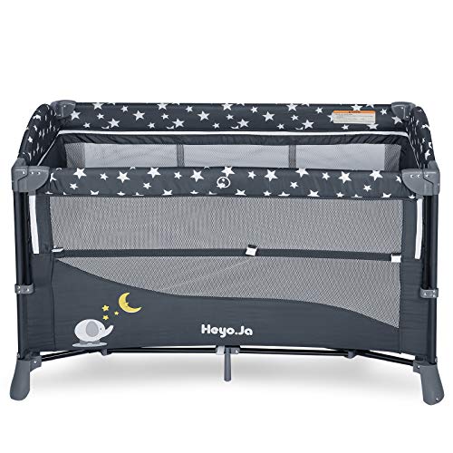 Heyo.Ja Portable Baby Playard, 4 in 1 Convertible Pack and Play with Bassinet, Nursery Center with Comfortable Mattress, 5 Height Adjustable Bedside Crib (Grey)