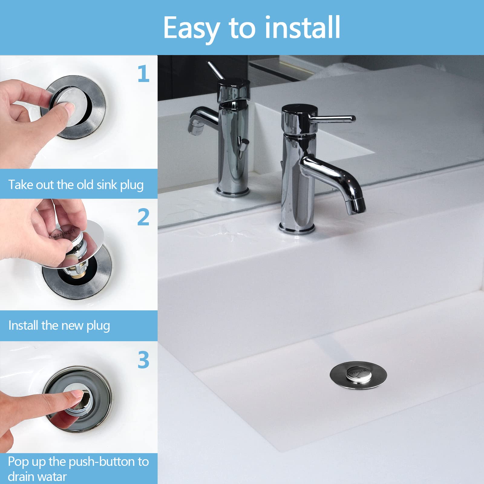 2Pcs Bathroom Sink Stoppers ,Pop Up Drain Stopper for Bathroom Sink,2-in-1 Sink Stopper & Strainer,Universal Wash Basin Sink Stopper,for 1.1"~1.5" Bathroom Sink Drain(Silver)