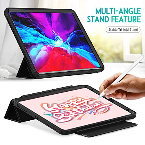OKUT Smart Case for iPad Pro 12.9" 2020 & 2018,Heavy Duty Protective Cover with Pencil Holder/Tri-Fold Stand/Auto Sleep-Wake/Protector -Black……