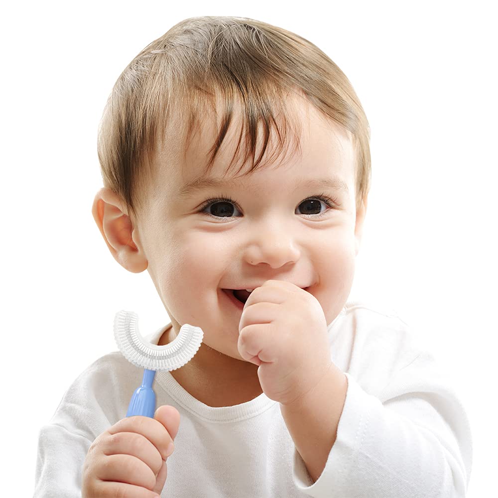 SHNOKER New Toothbrush with U-shaped Food Grade Silicone Brush Head for Kids 2-8 Years Old (Blue, 1Pack)