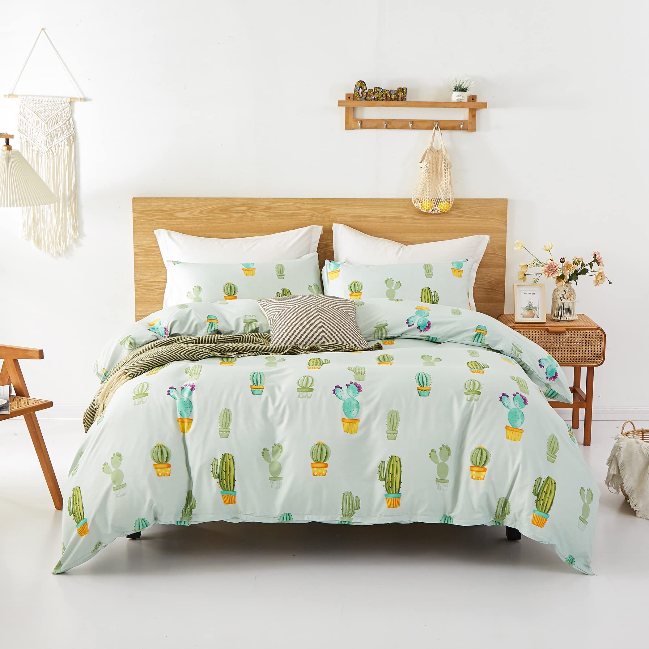 MOCAHOME Mint Duvet Cover Set Twin Size, Cactus Printed, 3 Pieces Soft Bedding 1 Duvet Cover+2 Pillow Cases