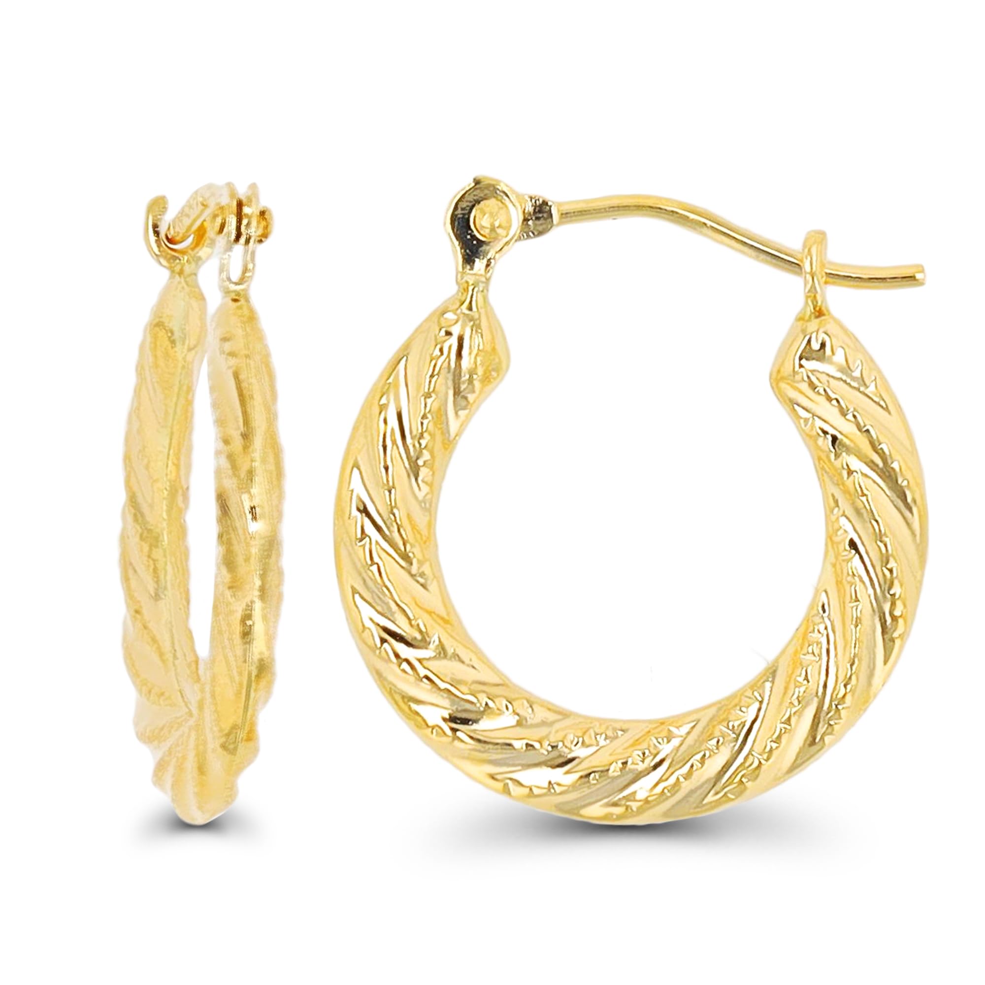 14K Yellow Gold 2mm Thick High Polished & Textured Twisted Hoop Earrings with Hinged Clasp For Women | 2x16mm Hoop | Earrings For Sensitive Ears | Yellow Gold Hoops | Solid Gold Earrings