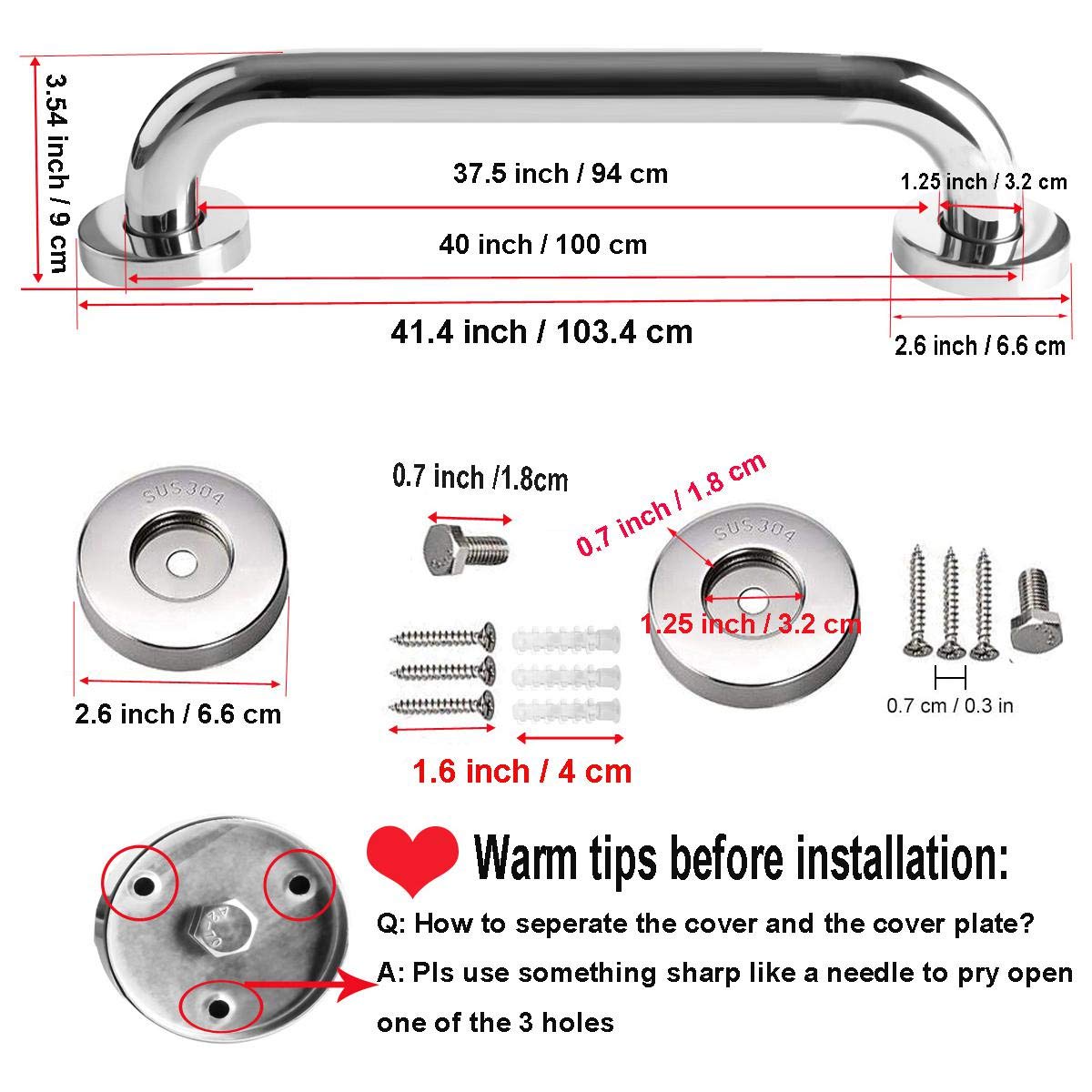 2 Pack 40 Inch Shower Grab Bar, ZUEXT SUS304 Stainless Steel Chrome Bathroom Grab Bar Handle, Shower Balance Bar, Safety Hand Rail Support, Handicap Elderly Senior Assist Bath Handle(1.25" Diameter)