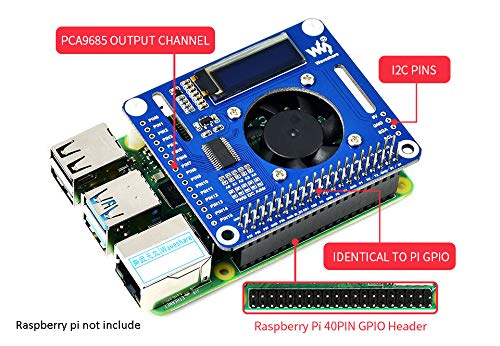 Coolwell Waveshare PWM Controlled Fan HAT for Raspberry Pi I2C Bus PCA9685 Driver with Real Time Temperature Monitor Auto Adjustment Up to 16-Ch PWM Output