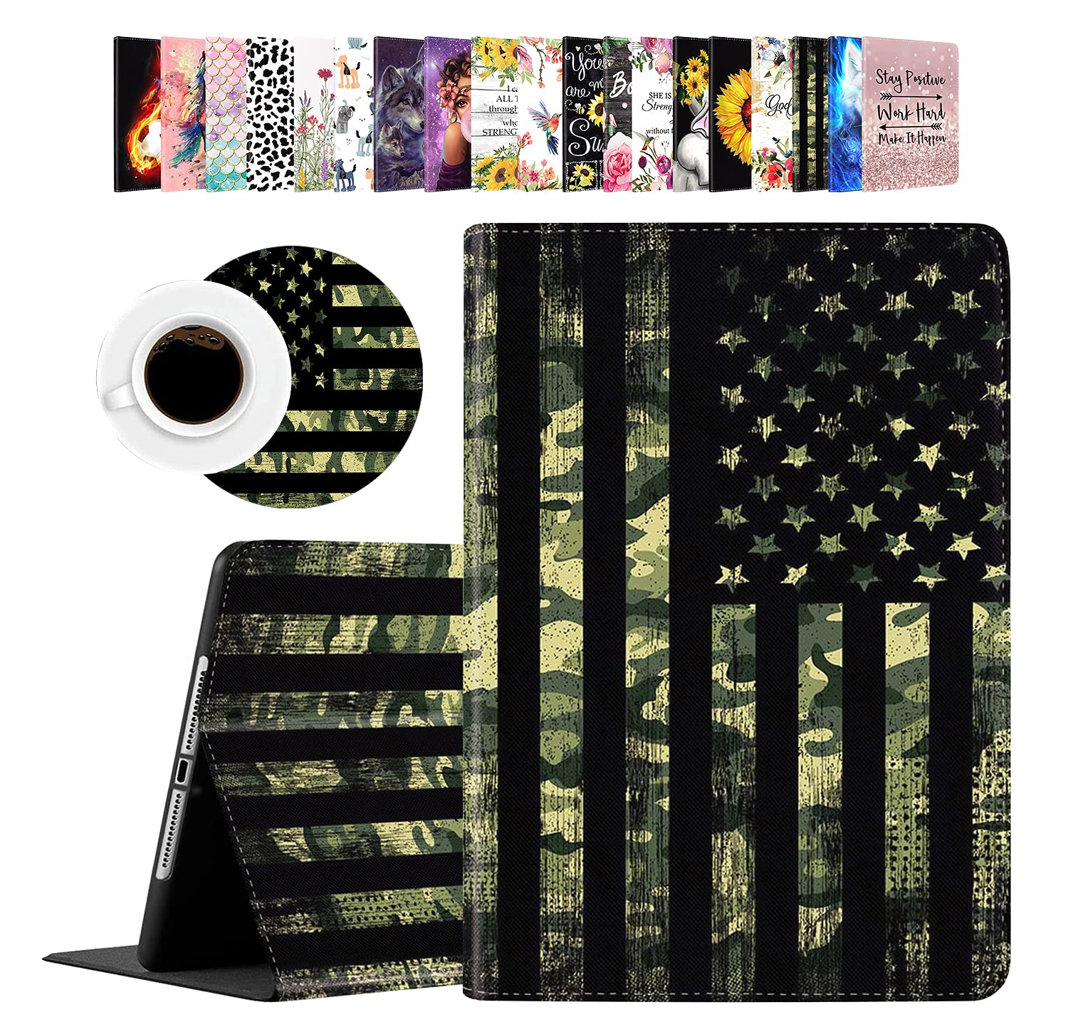 Case for iPad 10.2 8th Gen 2020 / 7th Gen 2019 / iPad Air 10.5" 2019 / iPad Pro 10.5, Durable Shockproof Protective Cover for iPad 8th / 7th with Coasters Set Camouflage American Flag Camo