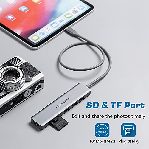 USB C Hub Multiport Adapter, USB C Dongle 6 in 1 USB-C Hub to 4K HDMI, USB 3.0, SD/TF Card Reader with Extra Long 1.6 FT Cable for MacBook Pro/Air, iPad Pro, iPad Air 2020,iMac and Other USB C Laptop