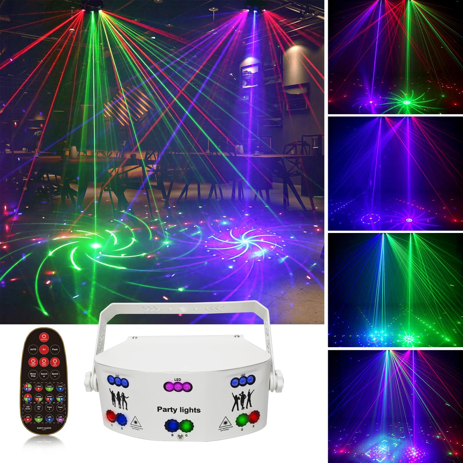 15 Eyes Party Lights DJ Disco Light RGBW UV Strobe Lighting Effect LED Projector Sound Activated Ravelight Remote Control for Home Parties Karaoke Birthday Wedding Bar
