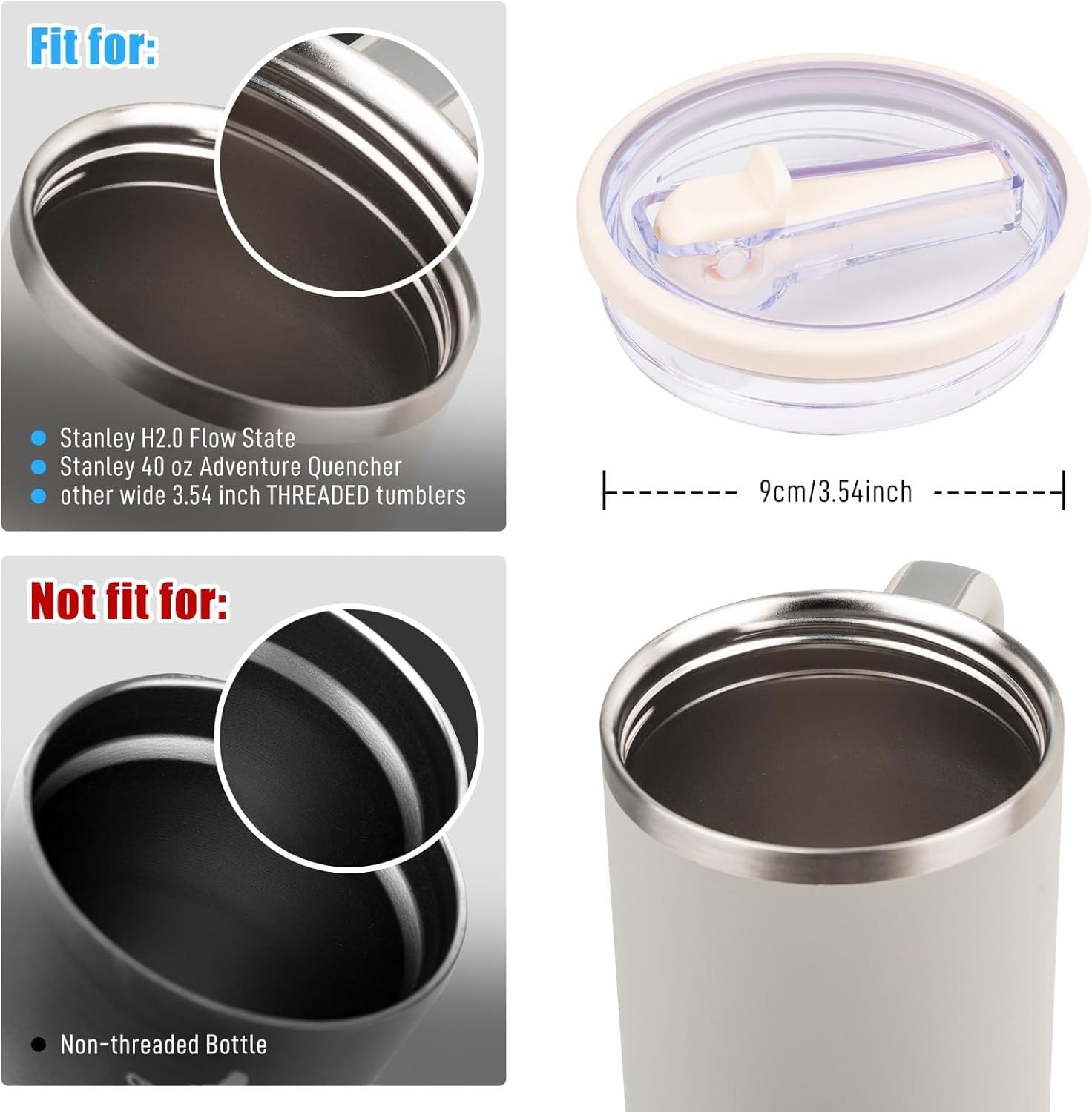 2 Pack 40 oz Tumbler Flip Straw Lid Replacement Fit for Stanley Quencher, Leak Proof for Stanley Lid Replacement Spill Proof Reusable Tumbler Cover Compatible with 40oz Stanley Cup Accessories (White)