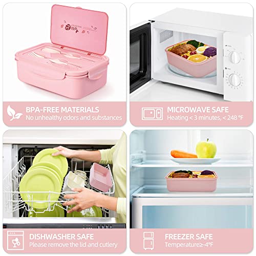 Porzu Bento Lunch Box, 1400 ML Lunch Box Meal PrepFor Kids & Adults,3 Compartments Portable Food Container with Utensil (Pink)