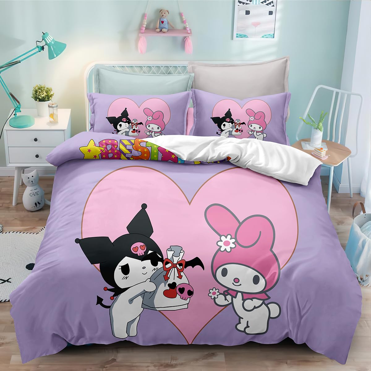 3 Piece Set Printed Duvet Cover Bed Set,Kuromi Bedding Set, Soft Comforter Cover with Zipper Quilt Cover & Pillowcaseswith Zipper Closure Microfiber