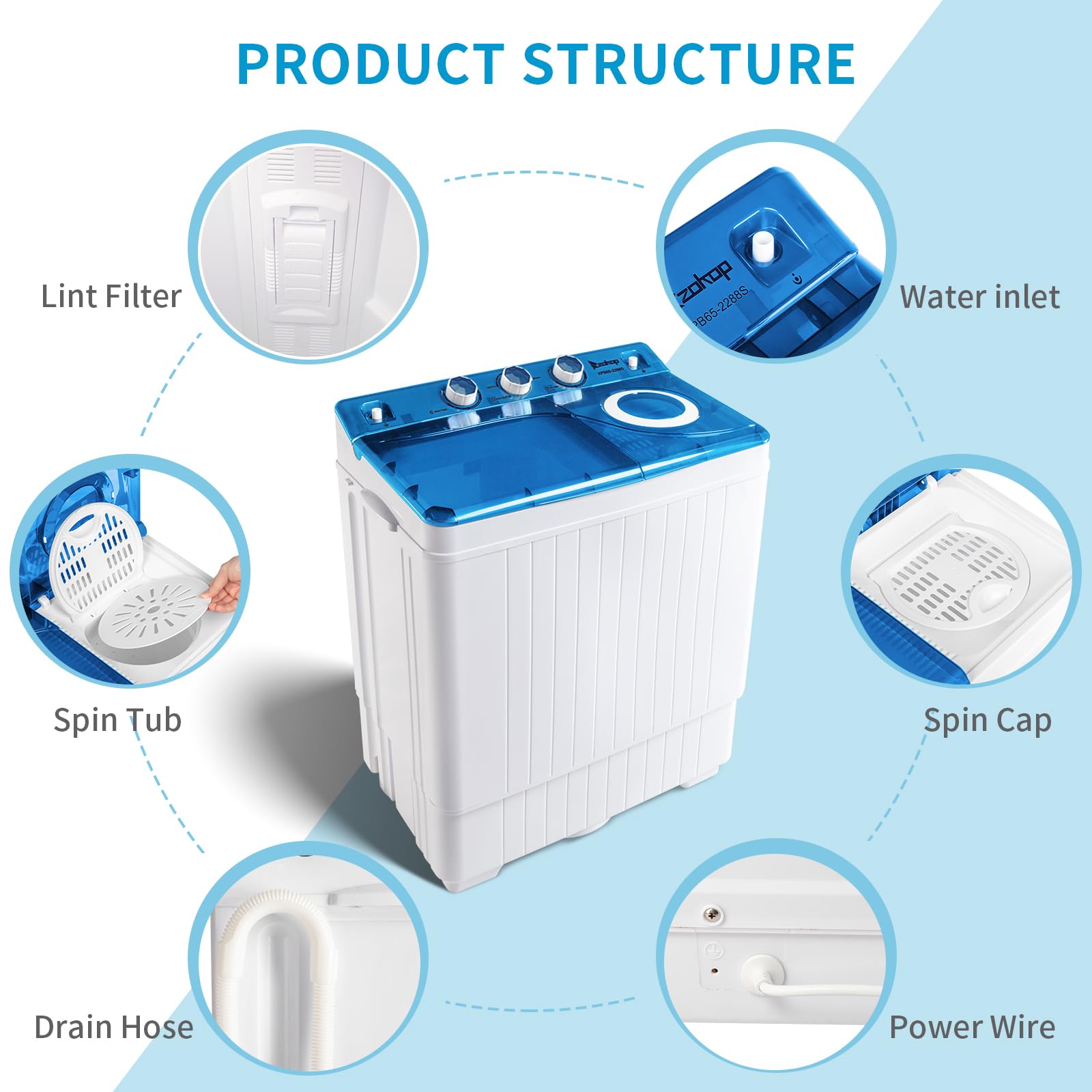 26Lbs Portable Washing Machine and Dryer, Twin Tub Portable Washer Dryer Combo with Drain Pump, Semi-Automatic 18Lbs Washer Mini Laundry Machine with 8Lbs Spinner for Dorms, Apartments, RVs, Blue