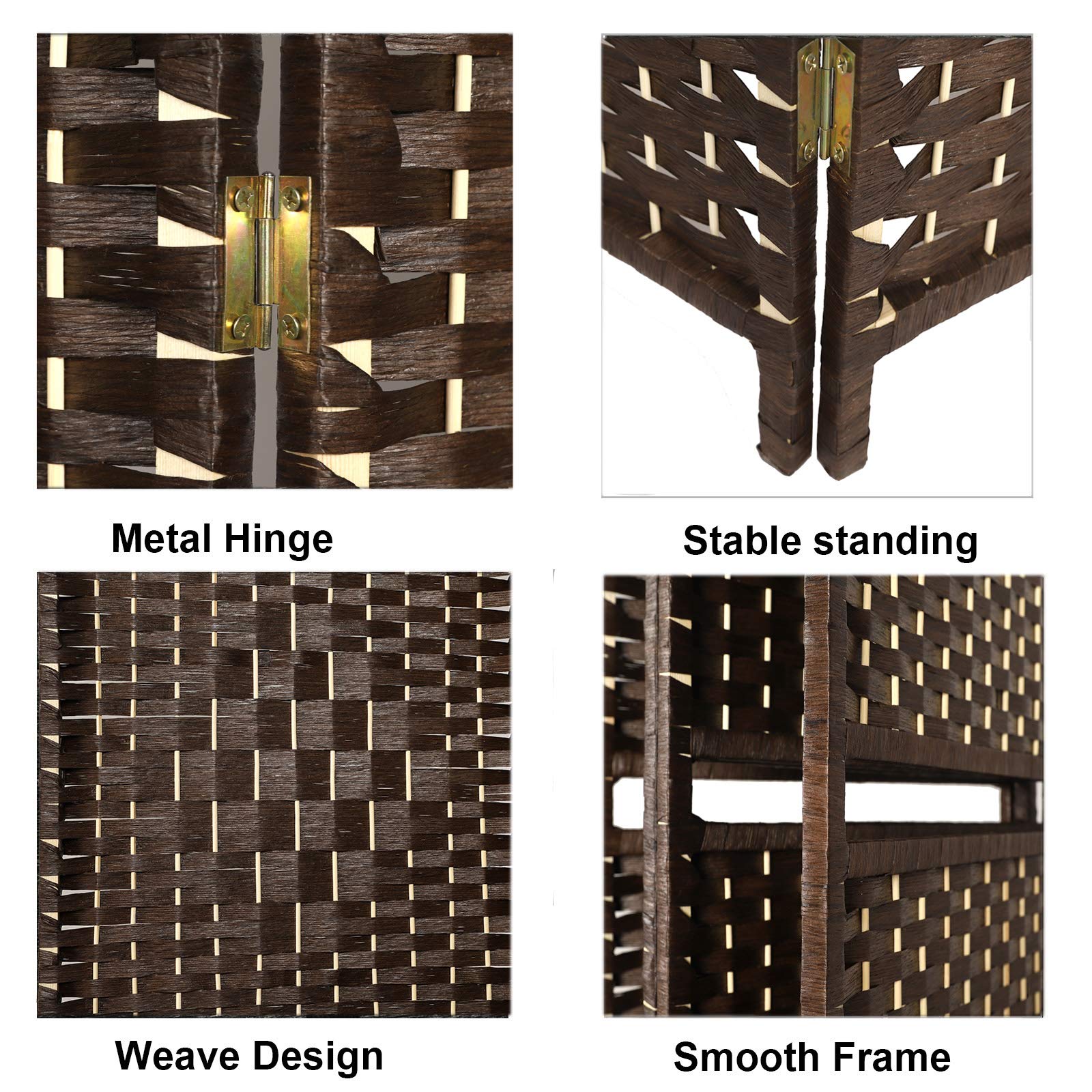 4 Panels Room Screen Divider Hand-Woven Design Room Divider 6 Ft High Fiber Freestanding Privacy with Wooden Removable Storage Shelves Screen Suitable for Living Room and Study, Brown