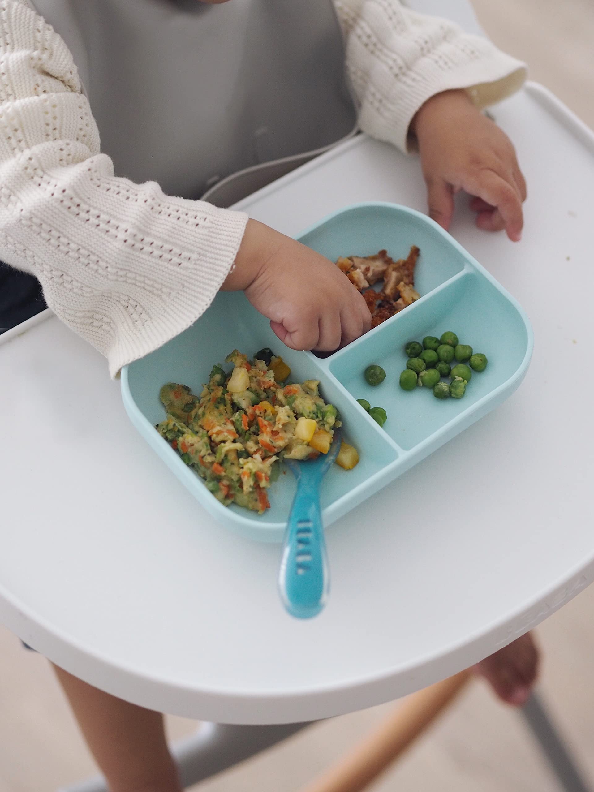 BEABA Silicone Suction Plates for Baby, Made with High Grade Food Safe Silicone, Soft Durable Toddler Dishes, Baby Plates with Suction Bottom, Rain