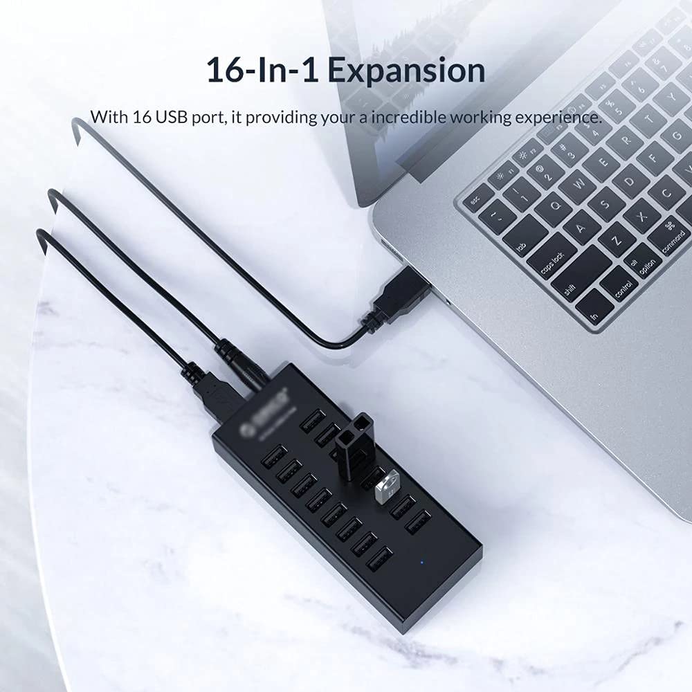 SHYPT 16 Port USB2.0 Hub with 12V2A Power Adapter 3.3Ft / 1M Data Cable for MacBook Air Laptop PC Tablet