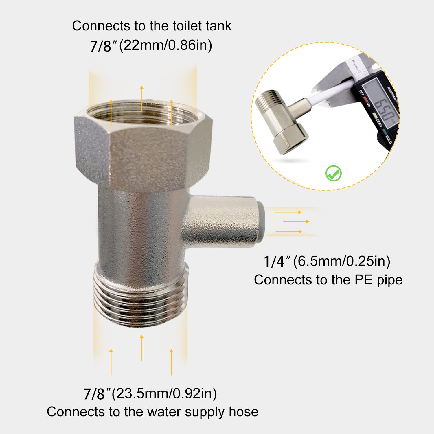 3 Way Tee 7/8" x 7/8" x 1/4",Bidet T Valve for ZMJH Toilet Bidet
