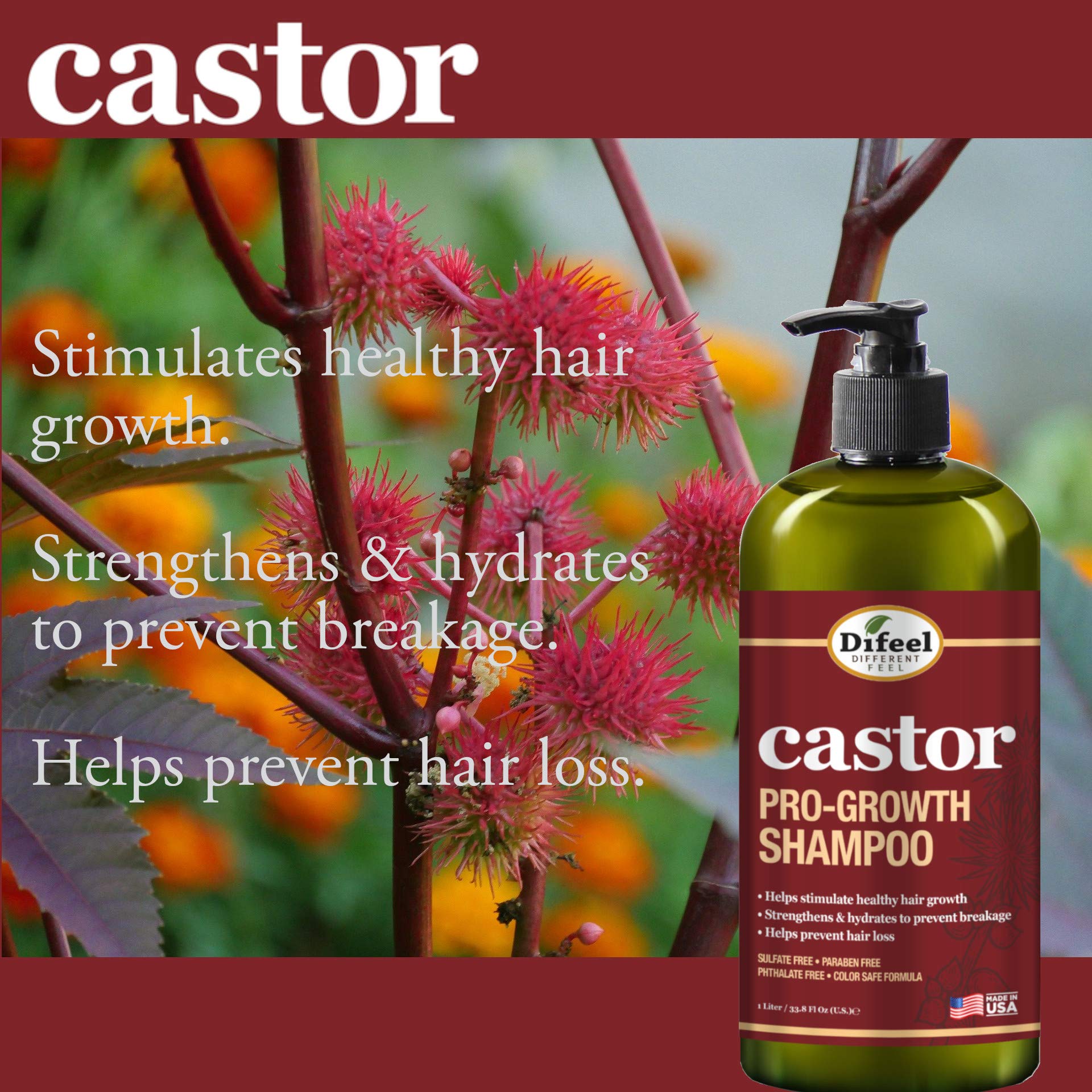 Difeel Castor Pro-Growth Shampoo 33.8 oz. - Made with Natural Castor Oil for Hair Growth, Sulfate Free Shampoo