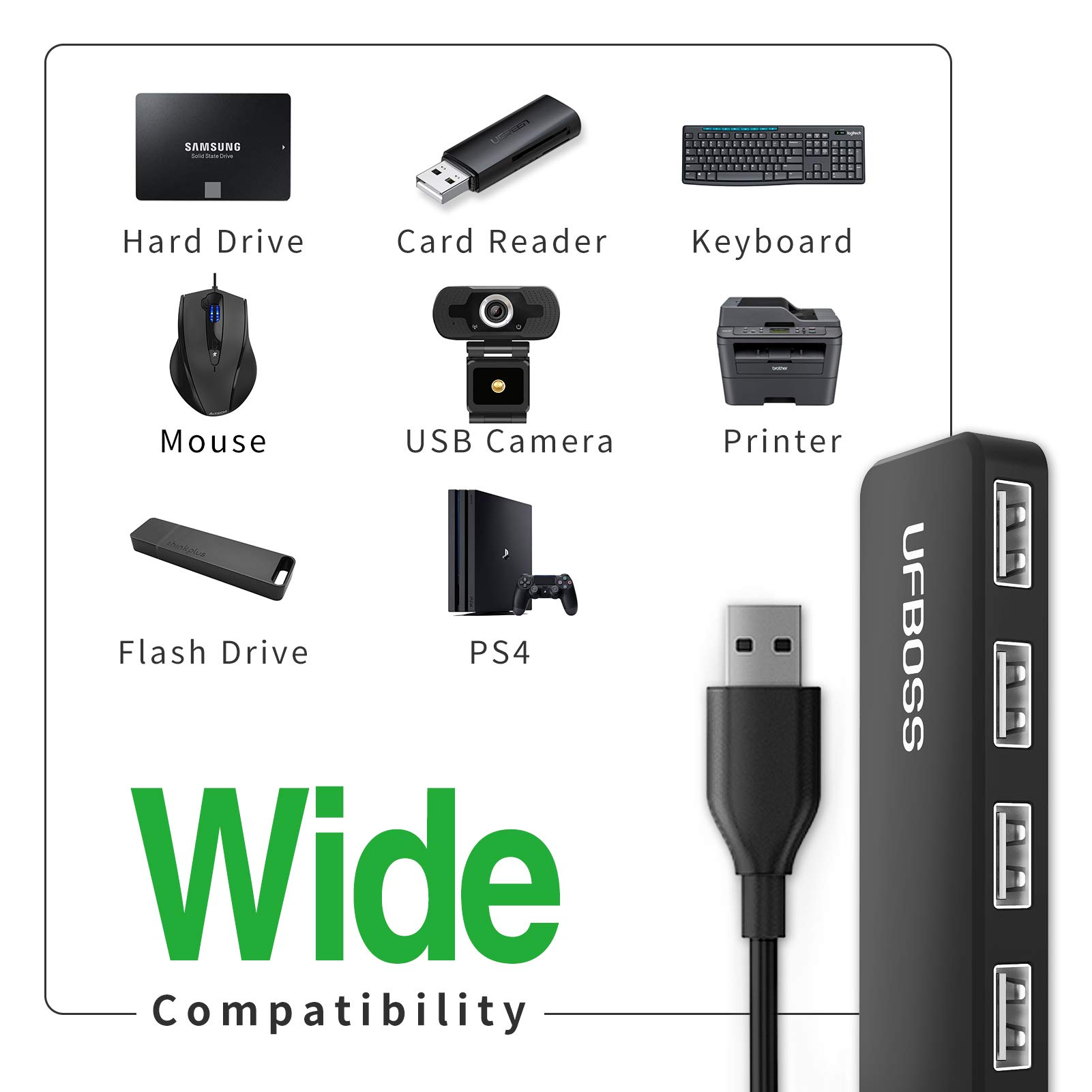 UFBOSS Ultra Slim 4 Port USB 2.0 Data Hub, 1Ft Long Cable USB Splitter for Laptop, Dell, Asus, HP, MacBook Air, Surface Pro, Acer, Xbox, Flash Drive, HDD, Console, Printer, Camera
