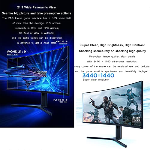 YILANJUN 34-Inch LCD LED Gaming Monitor, Commercial Office Display 1500R 21:9 Curved Screen, 144Hz / 3440 × 1440 WQHD, 4ms, 2 HDMI 2.0, 2 DP 1.4, Audio, Support Lifting/Rotating/Wall Hanging