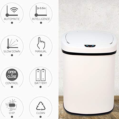 BHP Automatic Garbage can, Touch Free Stainless Steel Trash Can, No Touch Kitchen Waste Bin,High-Capacity Bathroom Trash Can with Lid for Home Bedroom Office, Powered by Battery, White