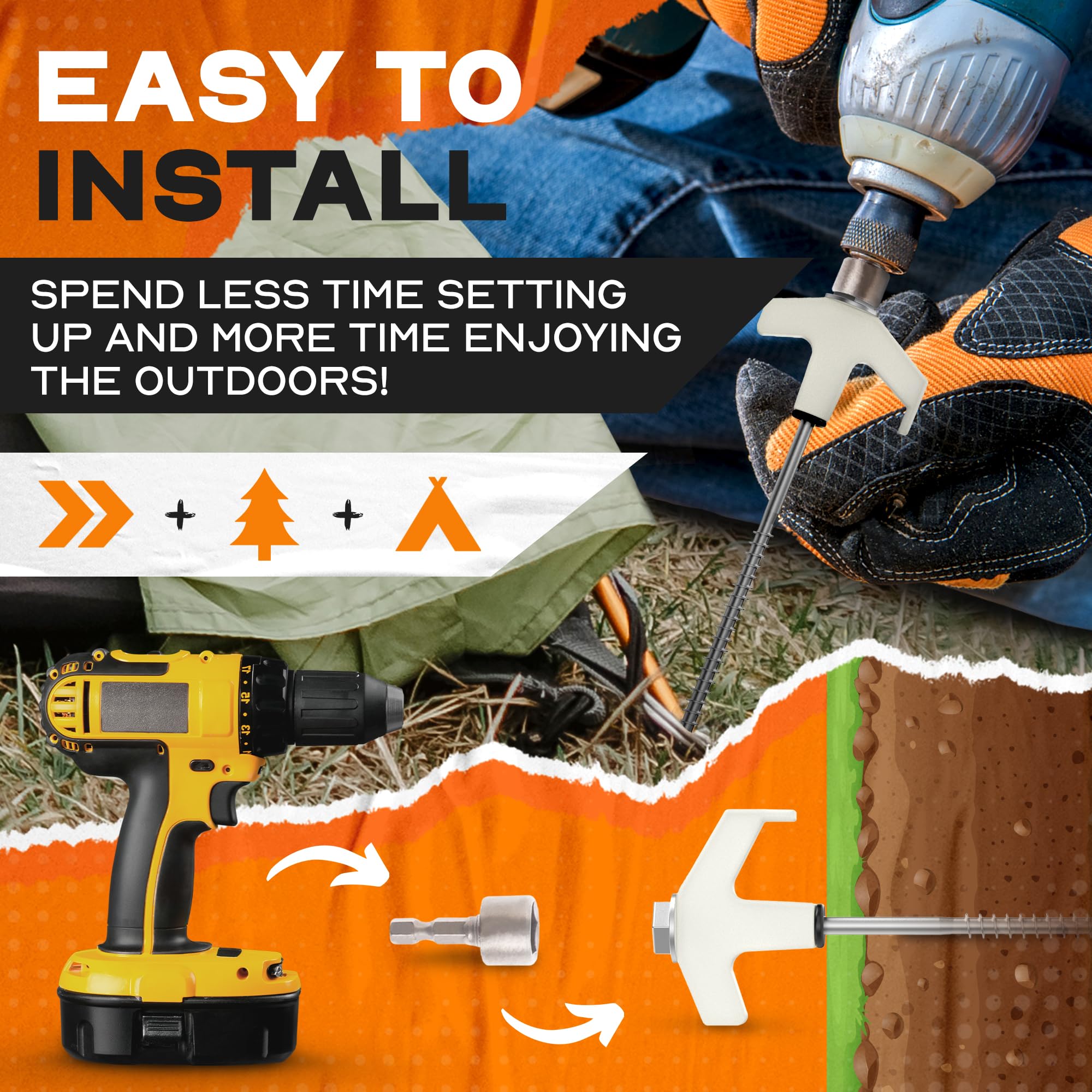 15 Pack 8" Heavy Duty Threaded Tent Stakes - Drill in Style Ground Anchor Screw in Pegs - Replace Bulky Canopy Weights - Comes with Hex Head Driver and Convenient Storage Bag Included