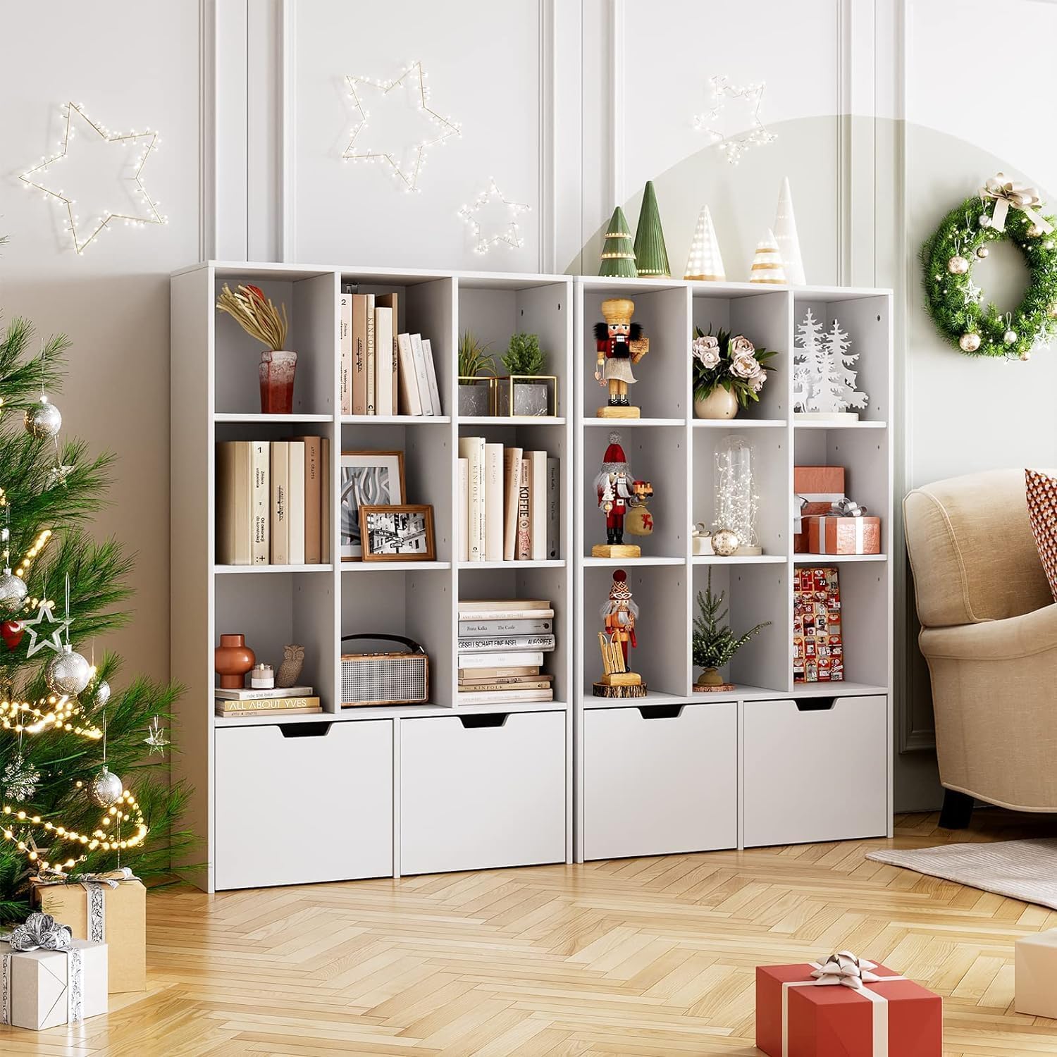 2024 New White Kids Bookshelf, Wooden Bookshelf Organizer With 9 Cubicles & 2 Spacious Drawers - Versatile Standing Storage Unit for Kids Room, Nursery, Home Office, Living Area & Study Space