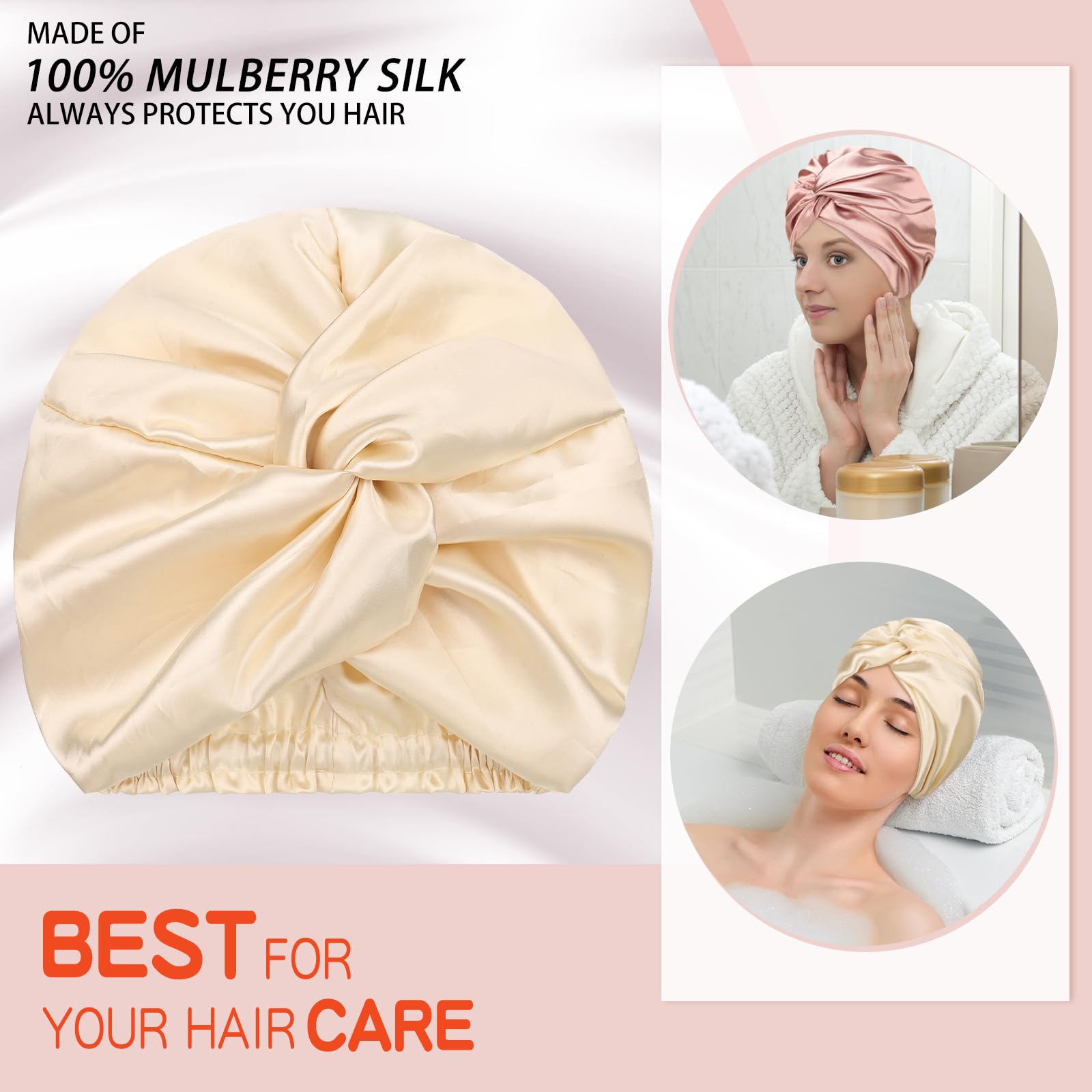 3 Pieces Silk Hair Wrap for Sleeping Women Bonnet Silk Sleeping Bonnet Elastic Hair Care Sleep Cap for Natural Curly Hair (Champagne, Black, Rose Gold)