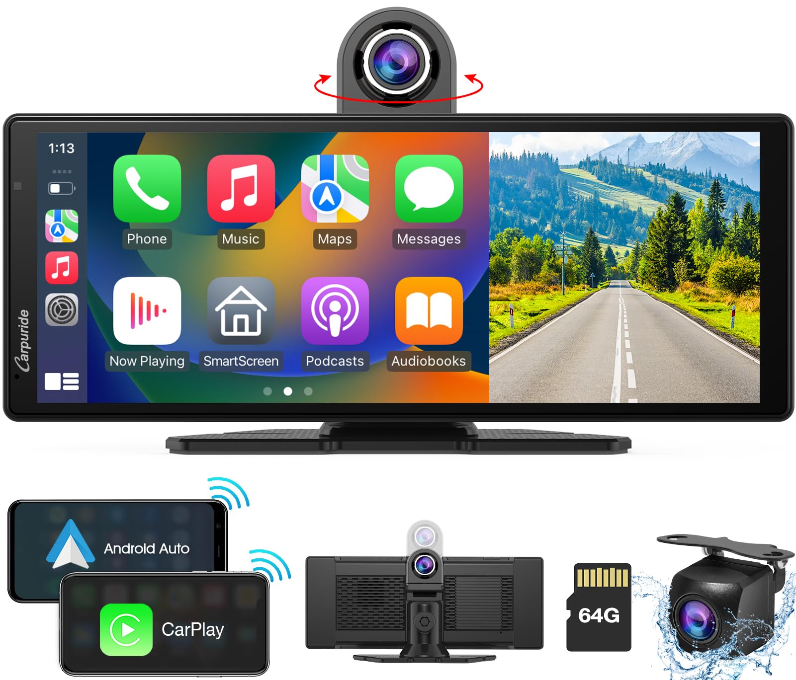 2024 Newest Carpuride W903 Wireless Carplay Android Auto Car Stereo with 4K Dash Cam, Backup Camera,Portable 9.3 Inch IPS Touch Screen,Car Radio Receiver with Mirror,Bluetooth,Drive Navigation