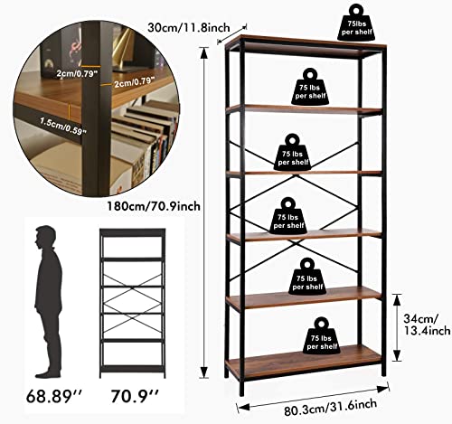 6 Tier Industrial Bookshelf, 71" Tall Open Bookcase, Rustic Wood Organizer Shelves on Metal Frame, Multi-Functional Storage Shelf Rack for Bedroom Living Room Garage Office Basement
