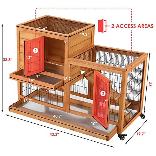 Arlopu Rabbit Hutch on Wheels Rabbit Cage Indoor Bunny Hutch with Run, Wooden Rabbit House with 2 No Leak Trays, 4 Casters, No-Slip Ramp, 2 Lockable Door (Golden red)