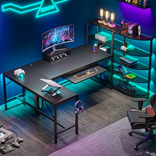 SEDETA L Shaped Computer Desk, 63'' Corner Gaming Desk, Computer Desk with Storage Shelves, Keyboard Tray, Monitor Stand and Headphone Hook, Corner Gaming Desk with LED Lights, Black