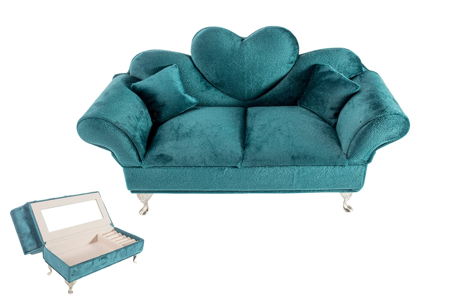 9.8 Inch Openable Dark Green Sofa Jewelry Box Armchair for Dollhouse Heart Shape Velvet Chair 1/6 Scale Dolls Accessories