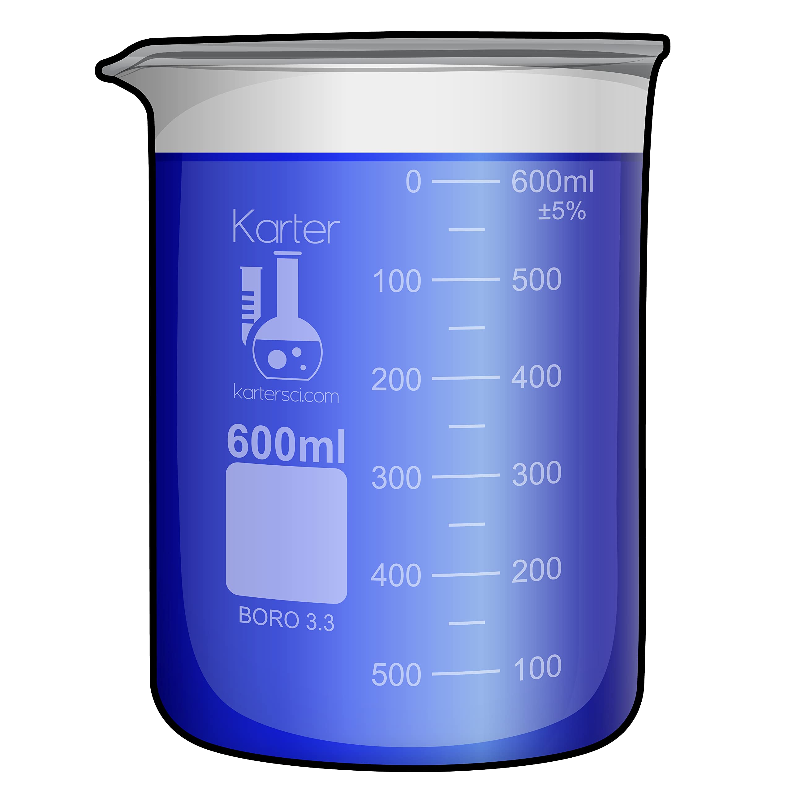 600ml Beaker, Low Form, Borosilicate 3.3 Glass, Double Scale, Karter Scientific 232T4 (Single)